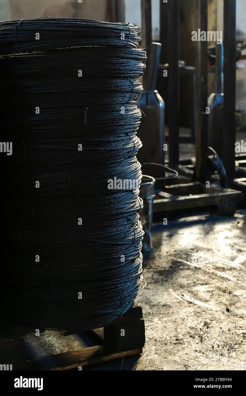 Pile of iron, metal or steel wire rod or coil background for ...