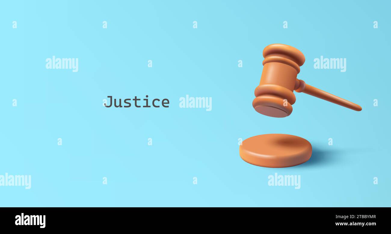Wooden Judge Gavel 3d render vector illustration. Justice hammer sign icon concept. Law and ...