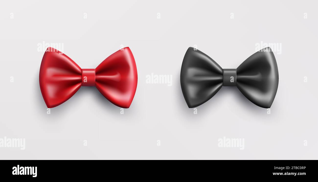 Realistic black and red bow tie. Vector classic silk or satin, glossy necktie set isolated on ...