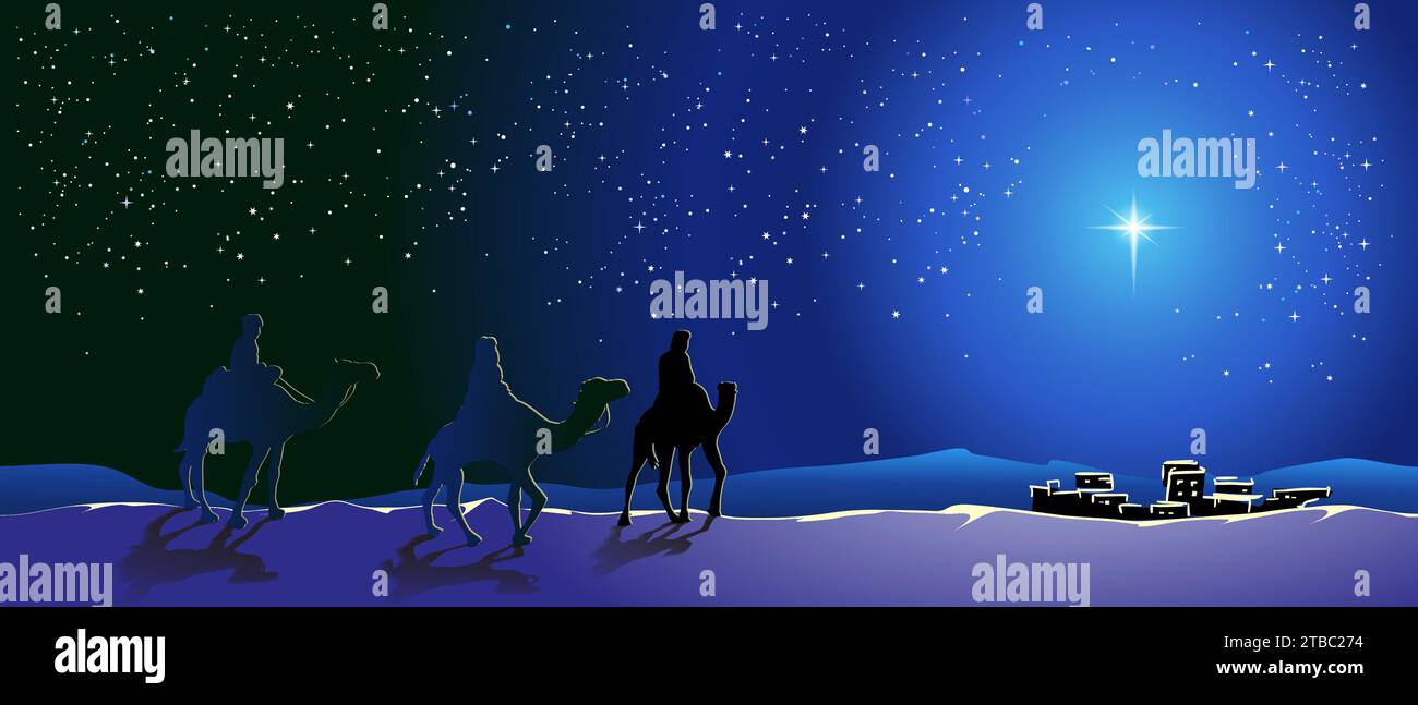 Merry Christmas. Christmas story. Three wise men follow the star to ...