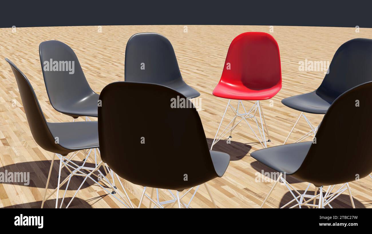 Conceptual red chair standing out in a meeting on a wooden floor ...