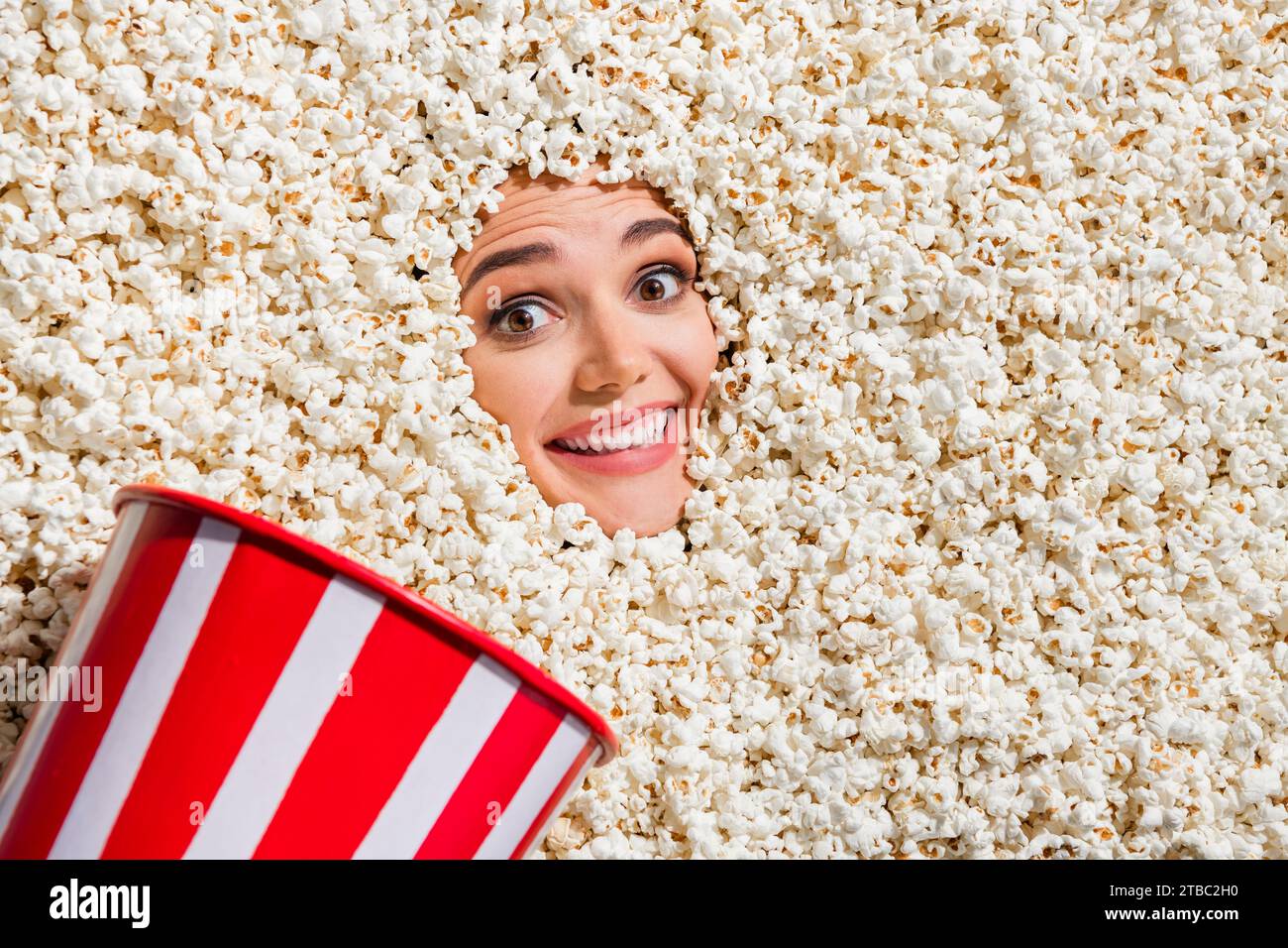 Above view portrait of positive crazy person toothy smile big bucket ...