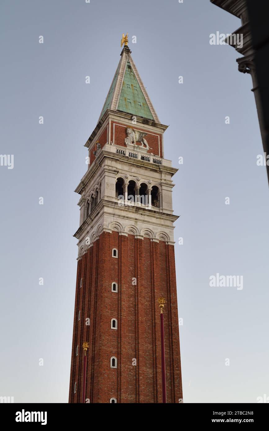 St Mark's Campanile, Venice, looking up to the Belfry and spire of the ...