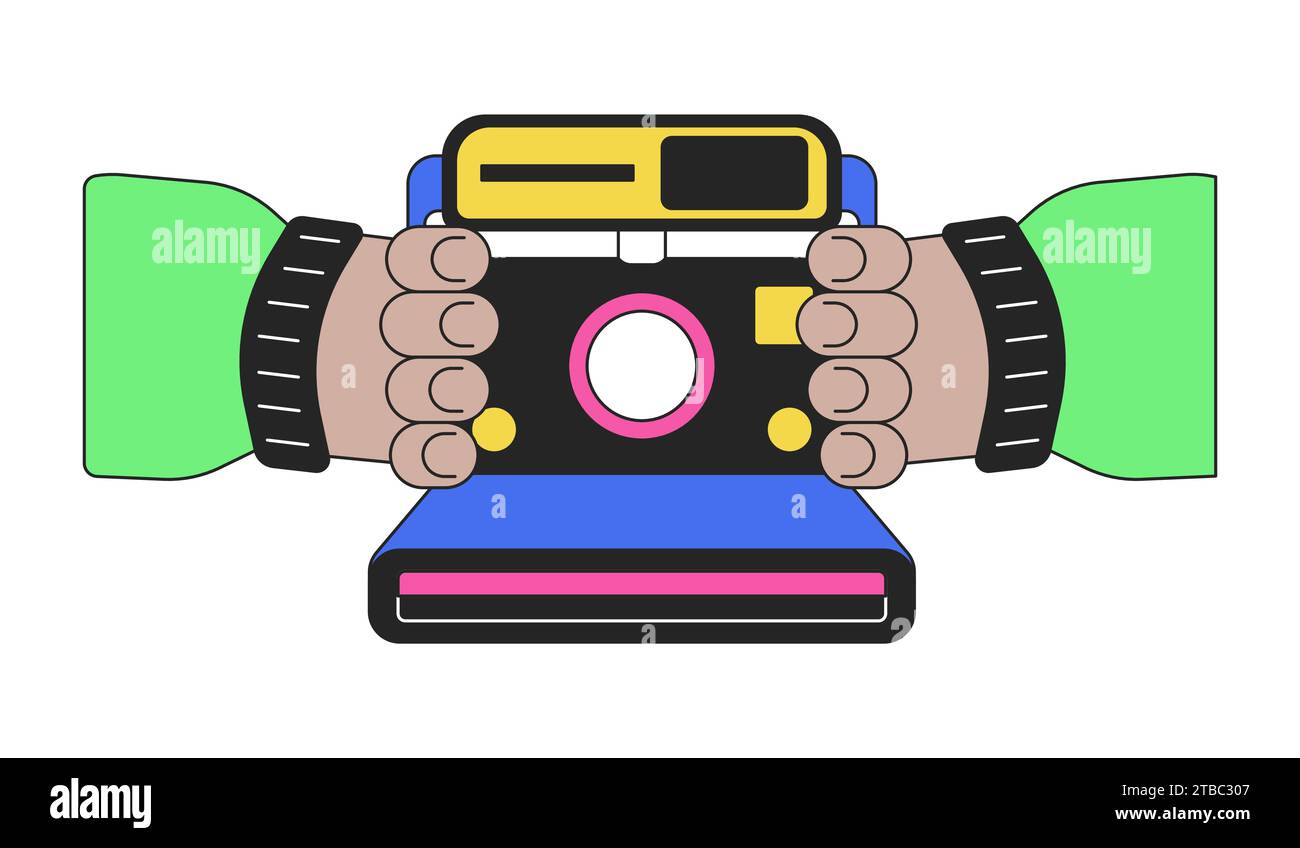 Holding retro instant camera linear cartoon character hands ...