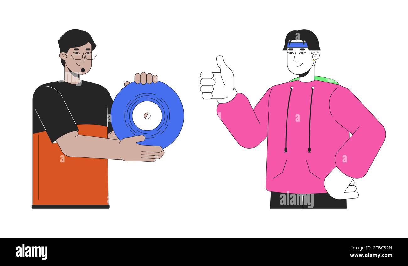 Best friends male retro enthusiasts diverse 2D linear cartoon ...