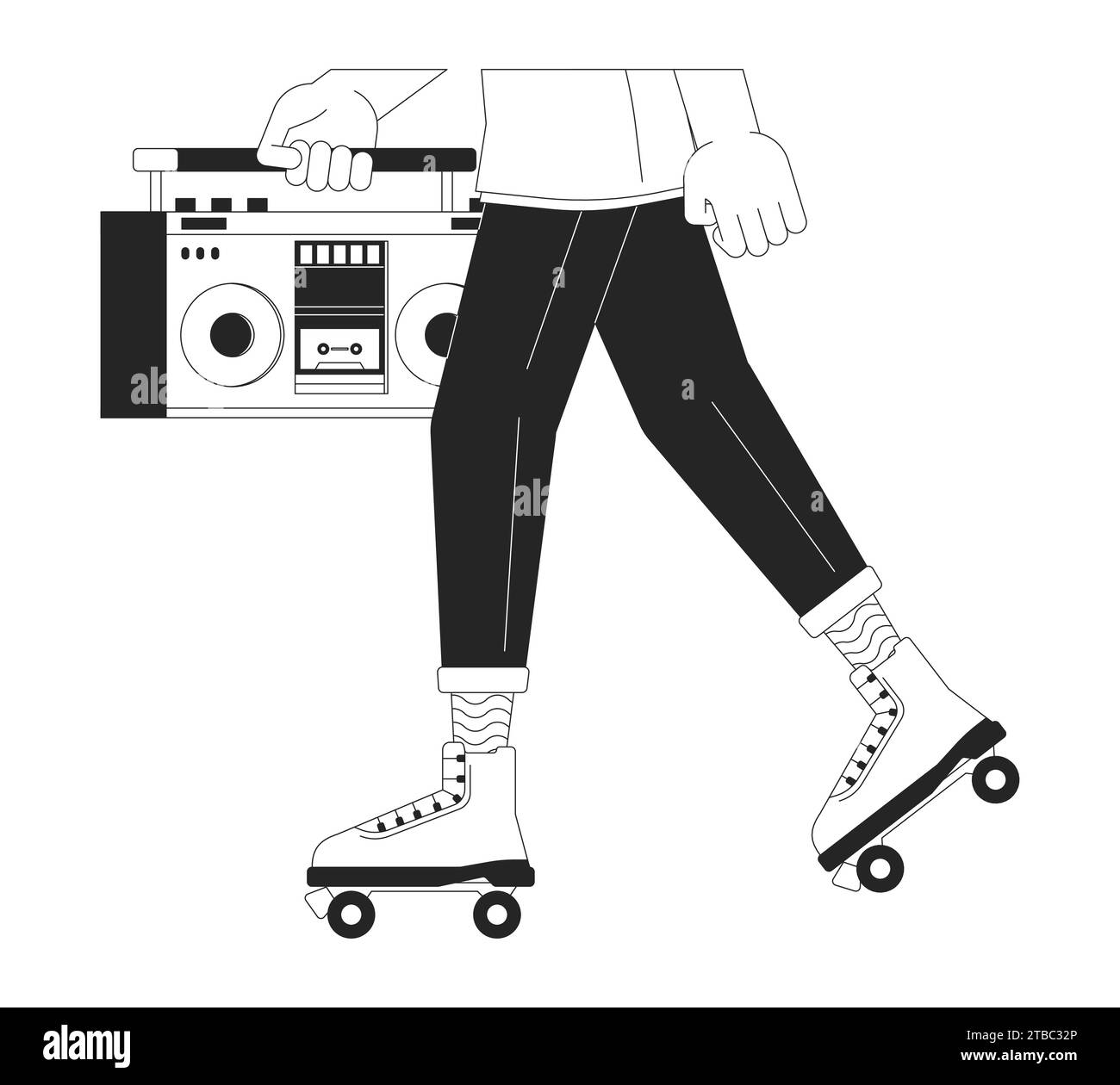 Male roller skater holding boombox black and white 2D line cartoon legs ...