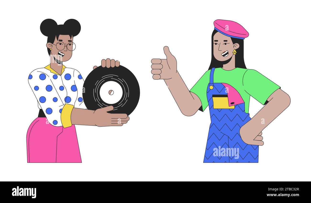 80s lovers female friends diverse 2D linear cartoon characters Stock ...