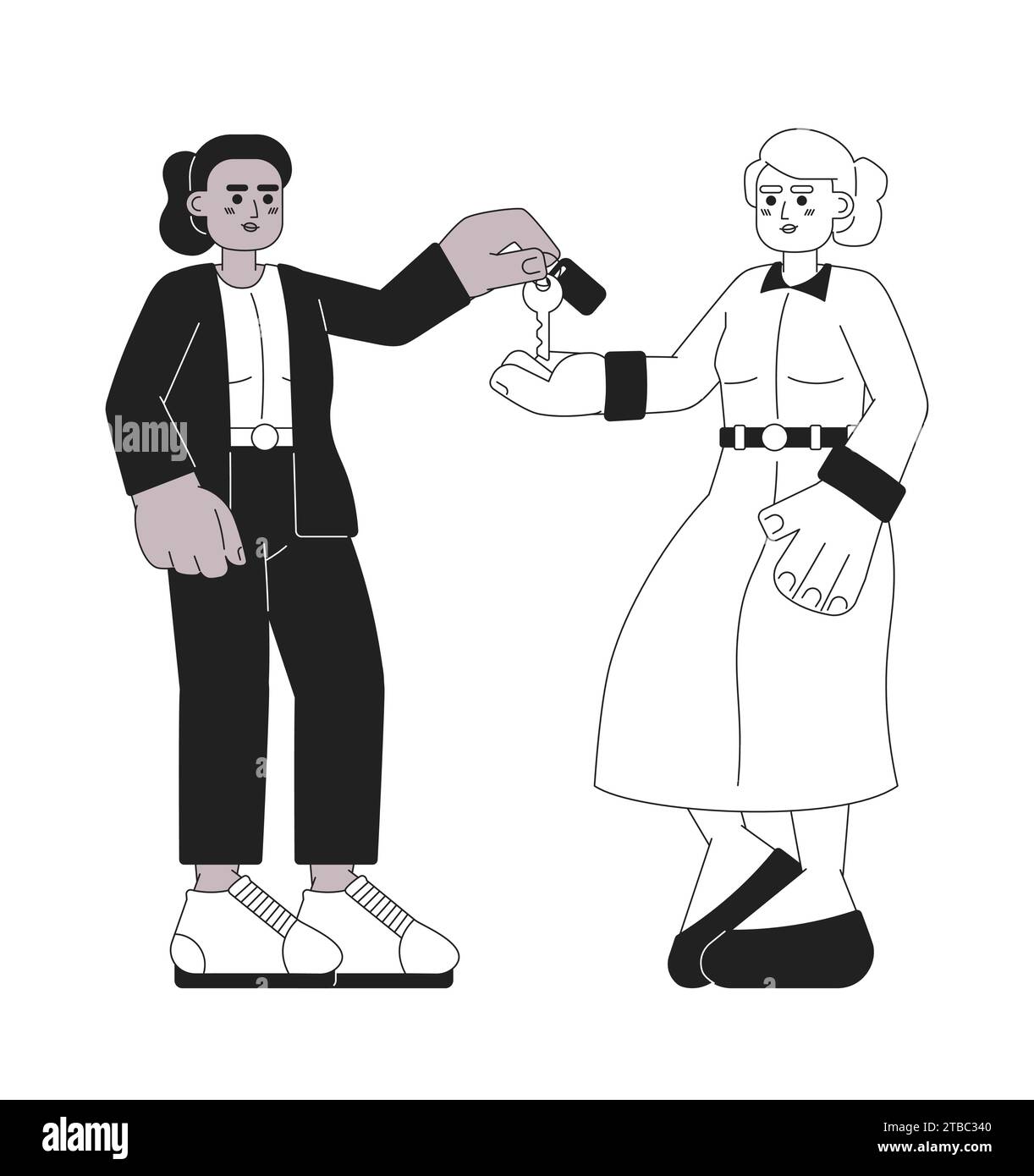 Female seller buyer handing over key black and white 2D cartoon ...