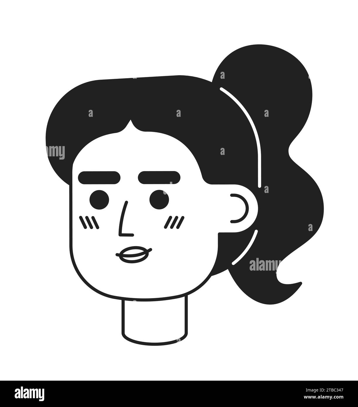 Ponytail young adult woman blushing shy black and white 2D vector ...