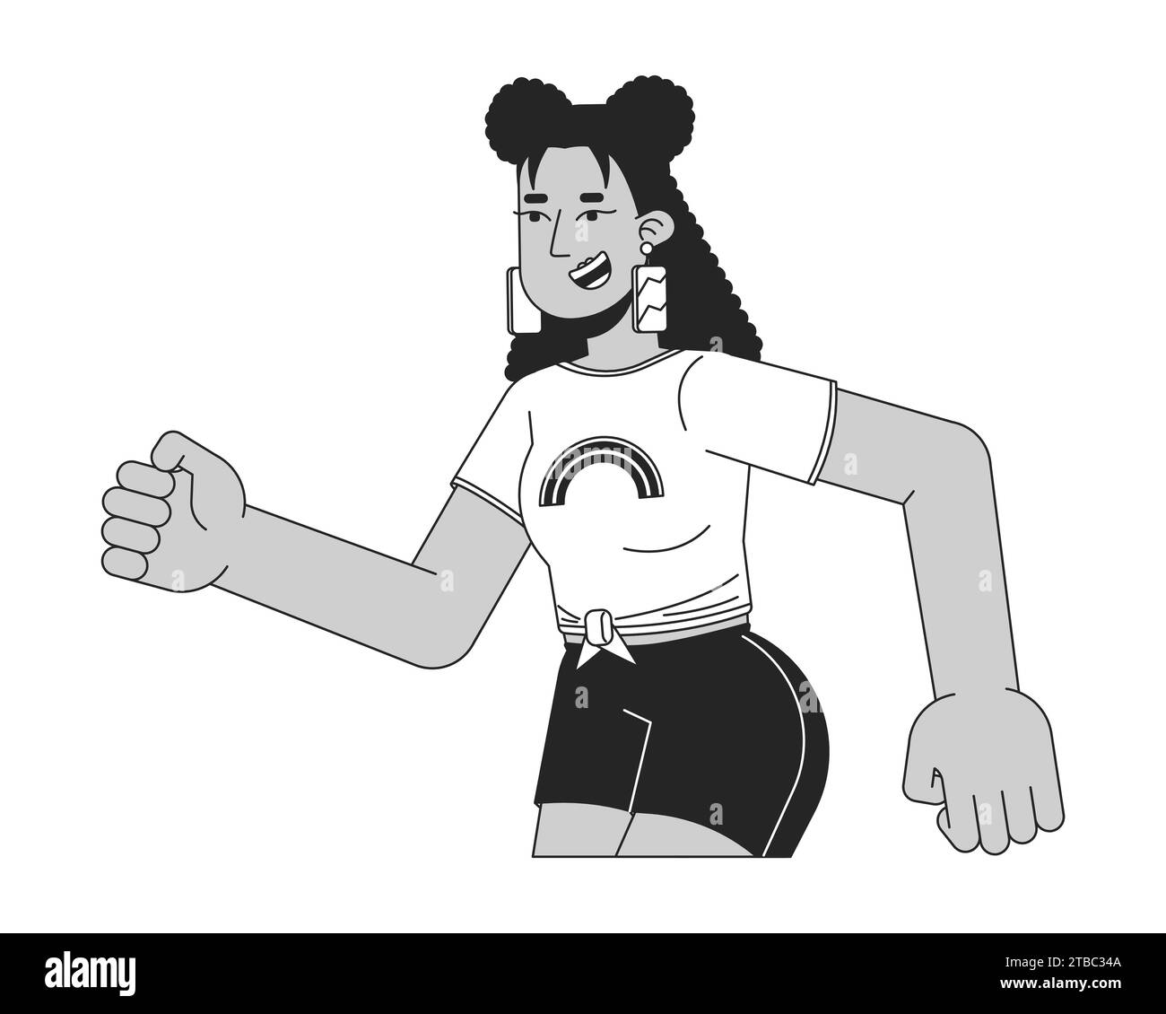 Cool latina girl sprinting running black and white 2D line cartoon ...