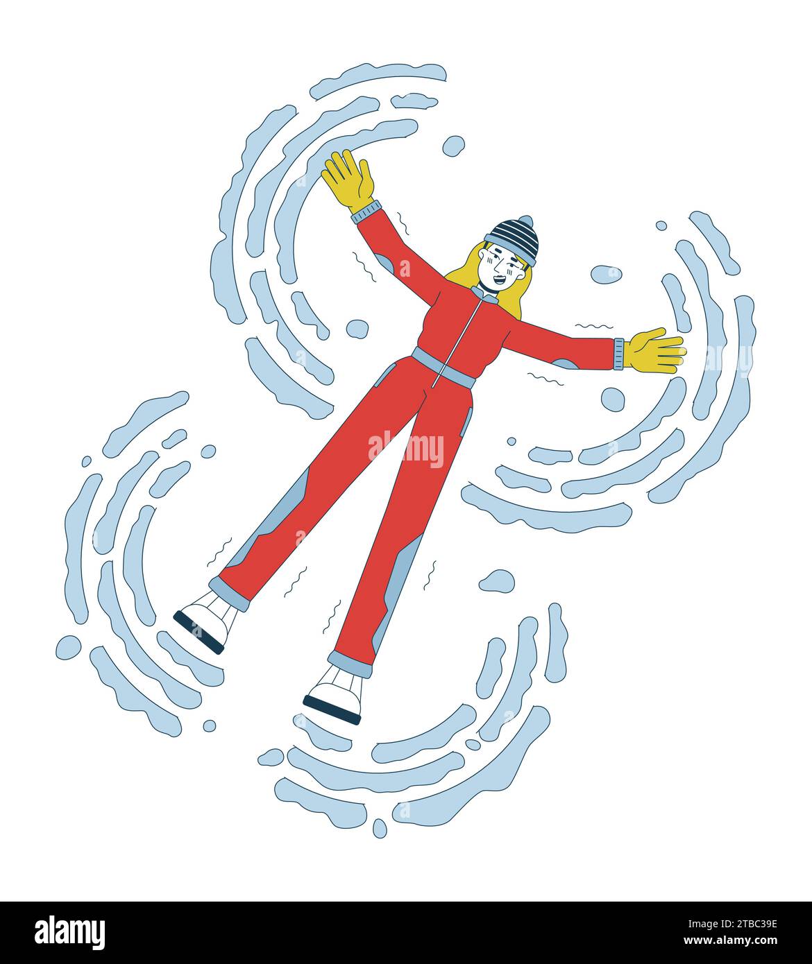 Winter outerwear woman making snow angel 2D linear cartoon character ...
