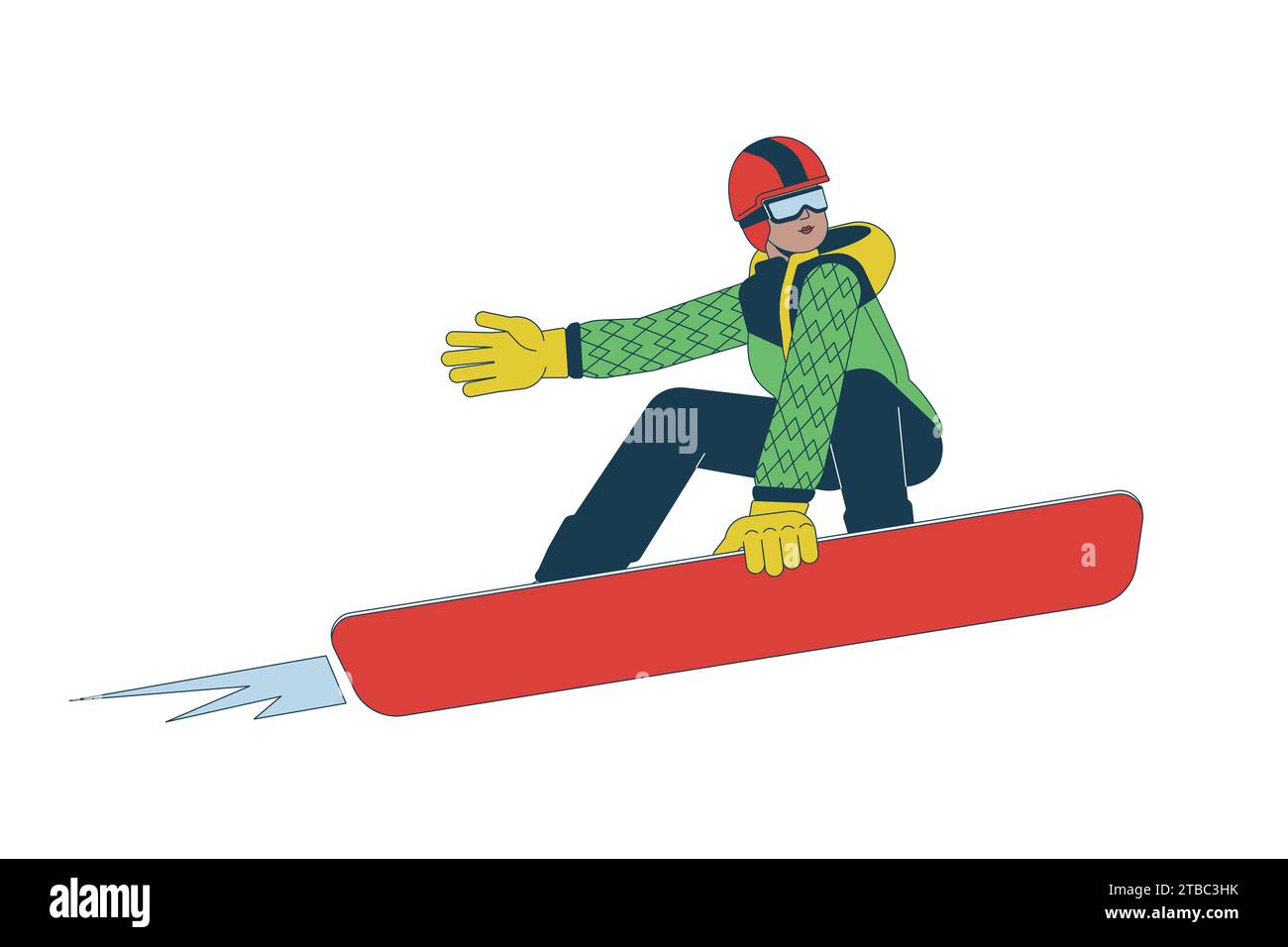 Cool black woman performing trick on snowboard 2D linear cartoon ...