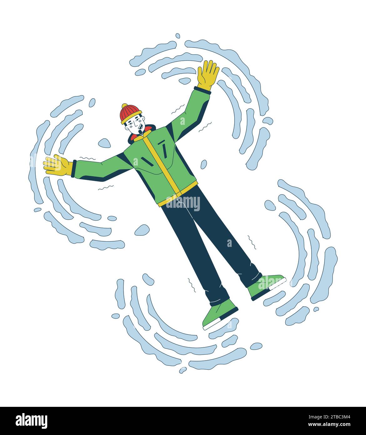 Outerwear winter guy making snow angel 2D linear cartoon character ...