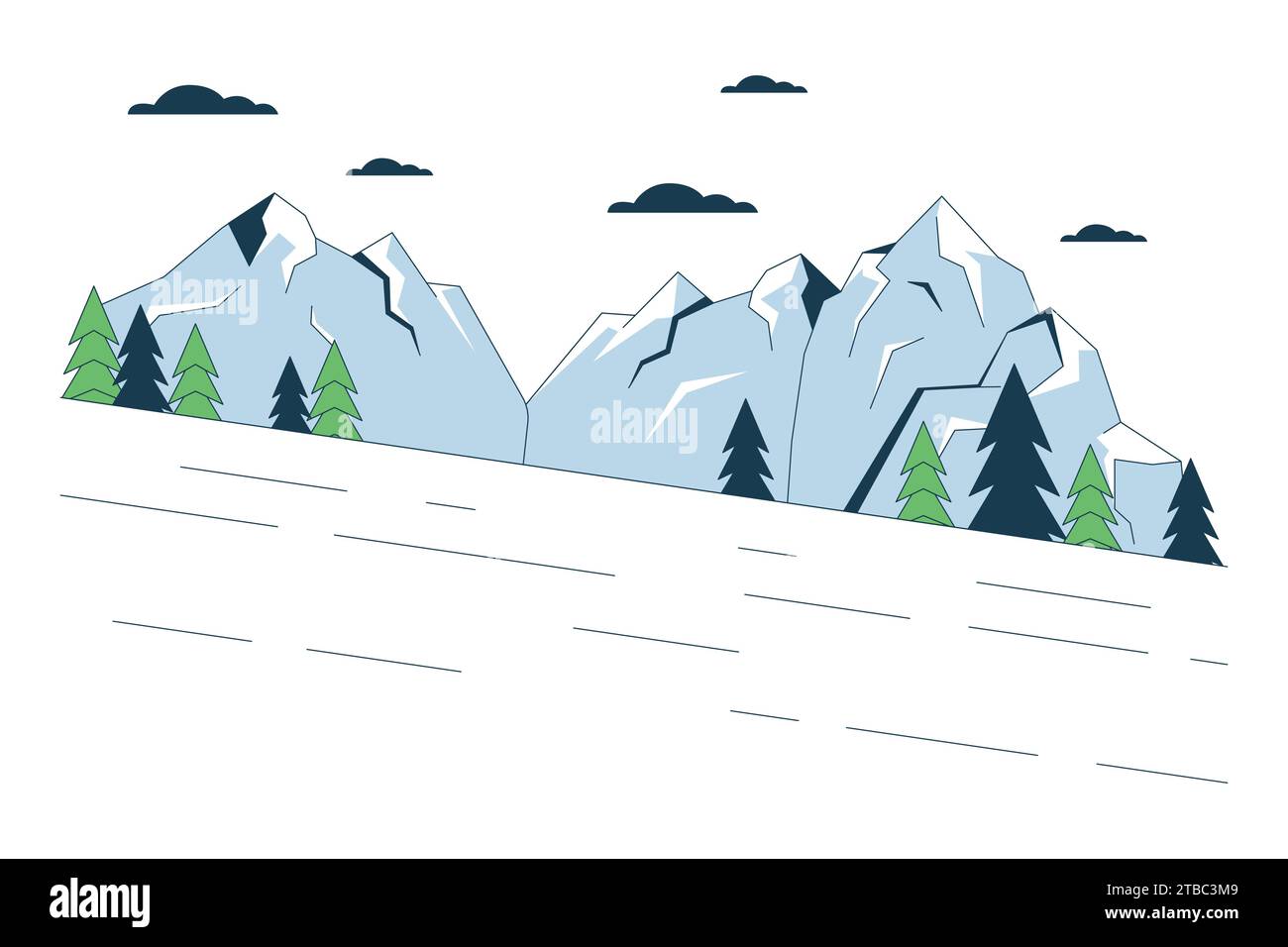 Ski slope beside mountain forest line cartoon flat illustration Stock ...