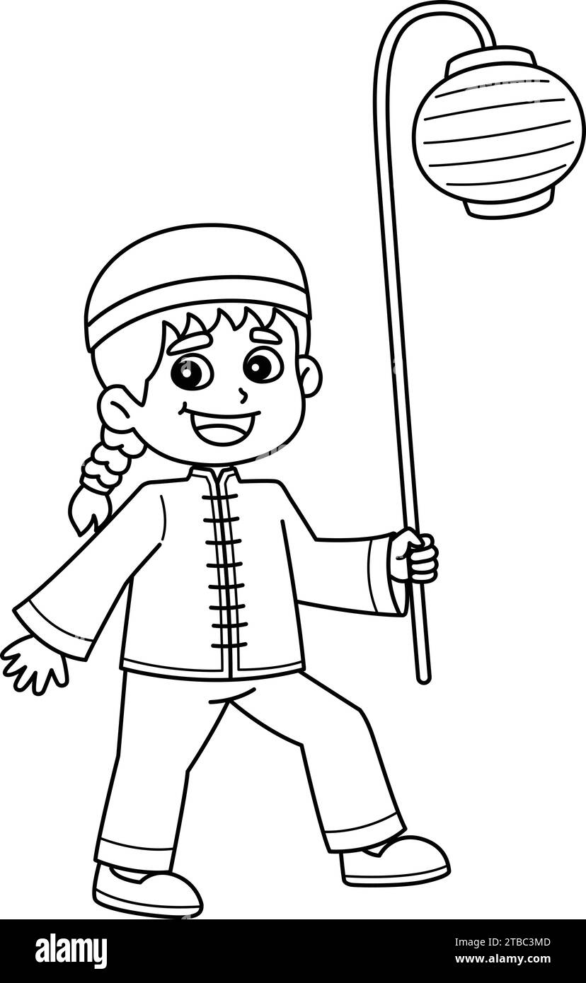 Chinese Boy with Lantern Isolated Coloring Page Stock Vector Image ...