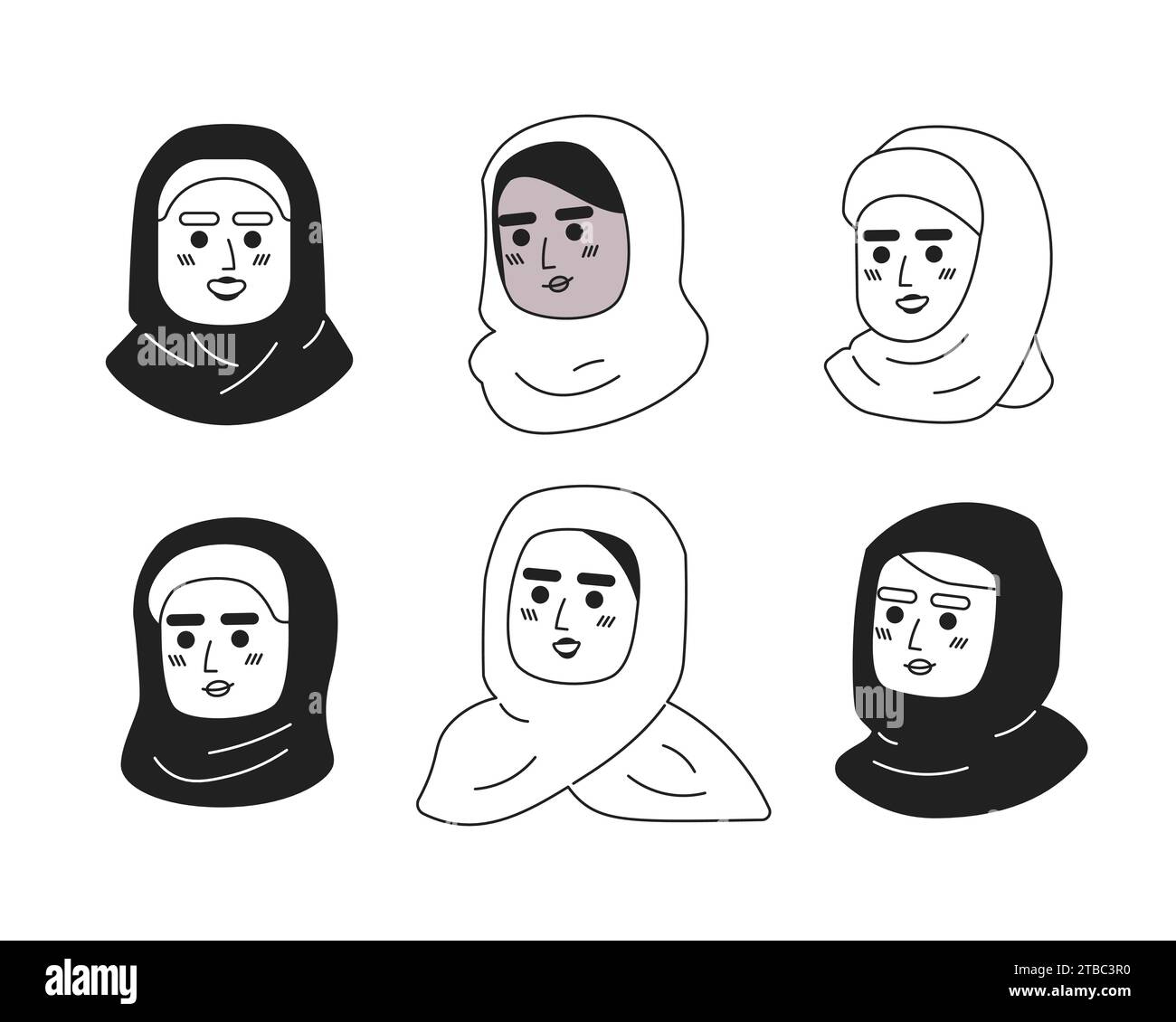 Muslim fashion black and white 2D vector avatars illustration set Stock ...
