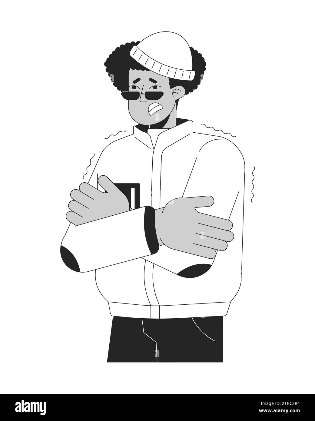 Hispanic young man shivering from cold weather black and white 2D line ...