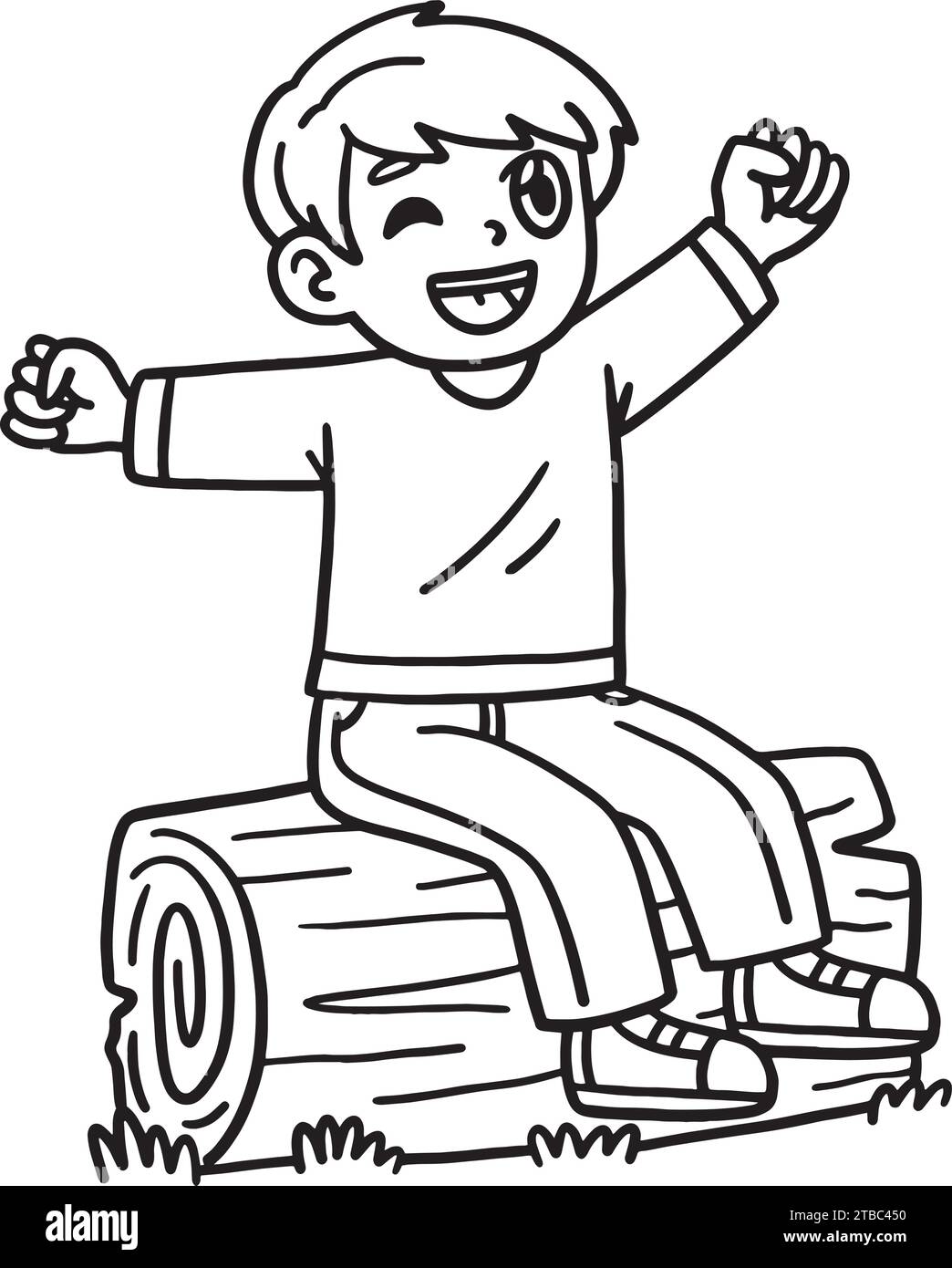 Happy Boy Sitting on the Log Isolated Coloring Stock Vector Image & Art ...