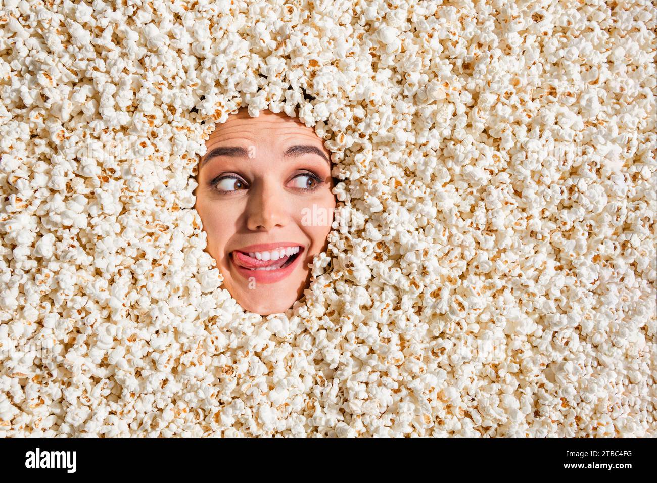 Photo of hungry dreamy young woman face showing stick out curious ...