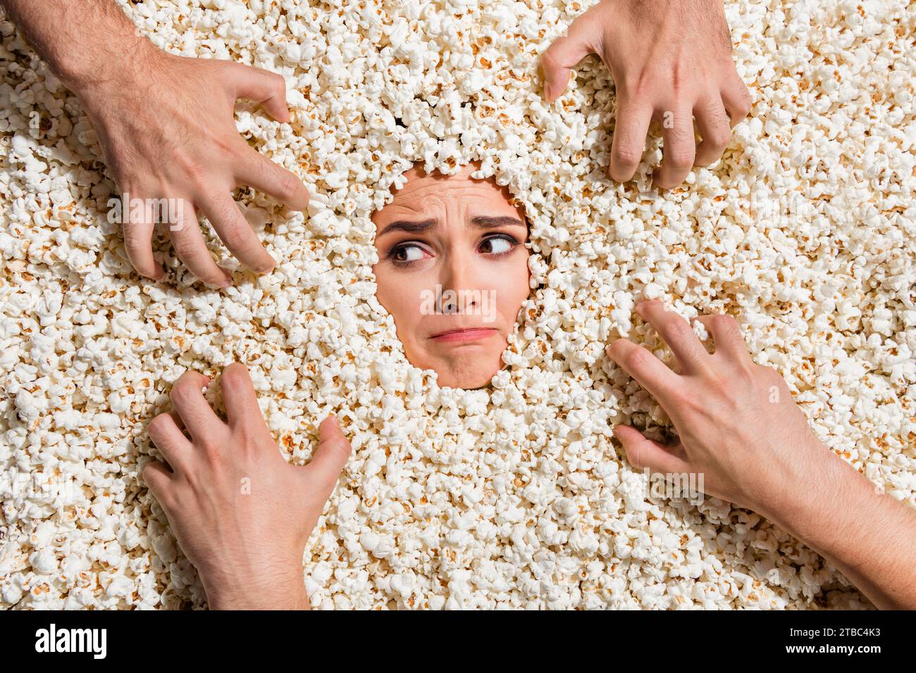 Above view portrait of horrified nervous person look crawling zombie ...
