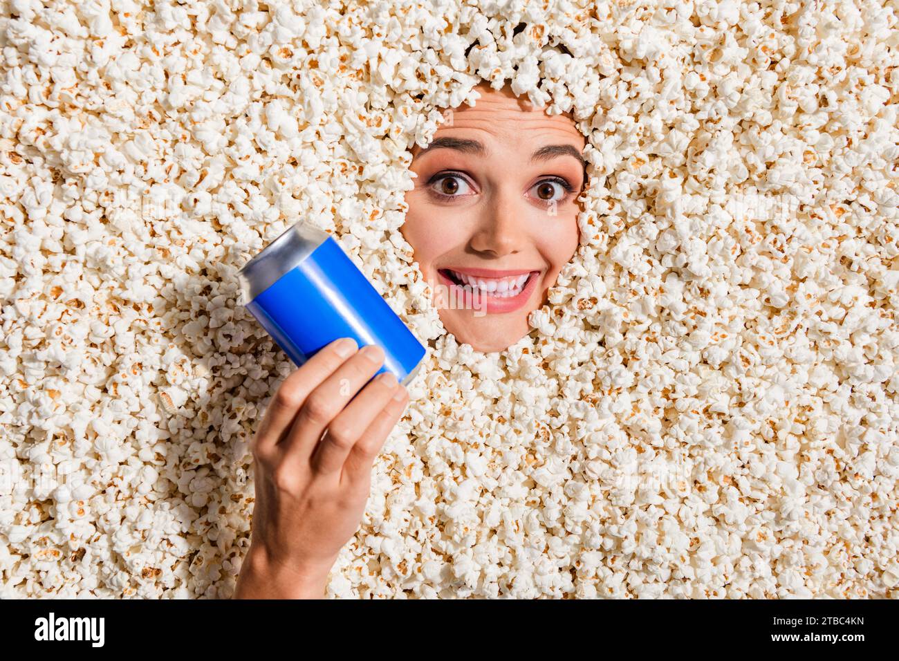 Above view photo of cheerful funky lady toothy smile hold cola pepsi ...