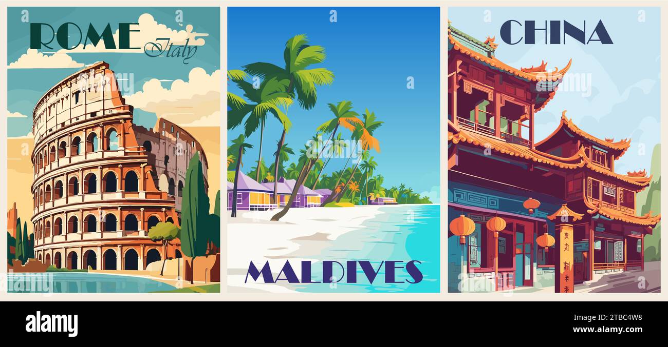 Set of travel destination posters in retro style Stock Vector Image ...