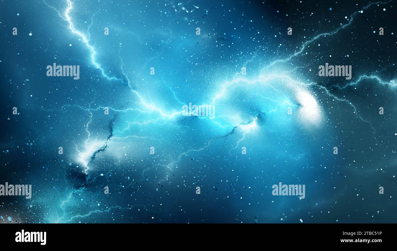 Blue glowing high-energy plasma lightning in space, computer generated ...