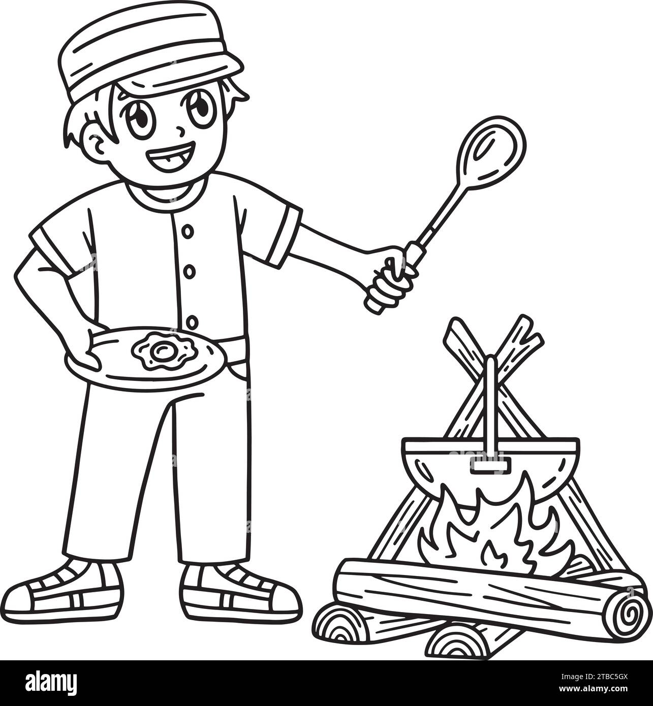 Camping Camper Boy Cooking Isolated Coloring Page Stock Vector Image ...