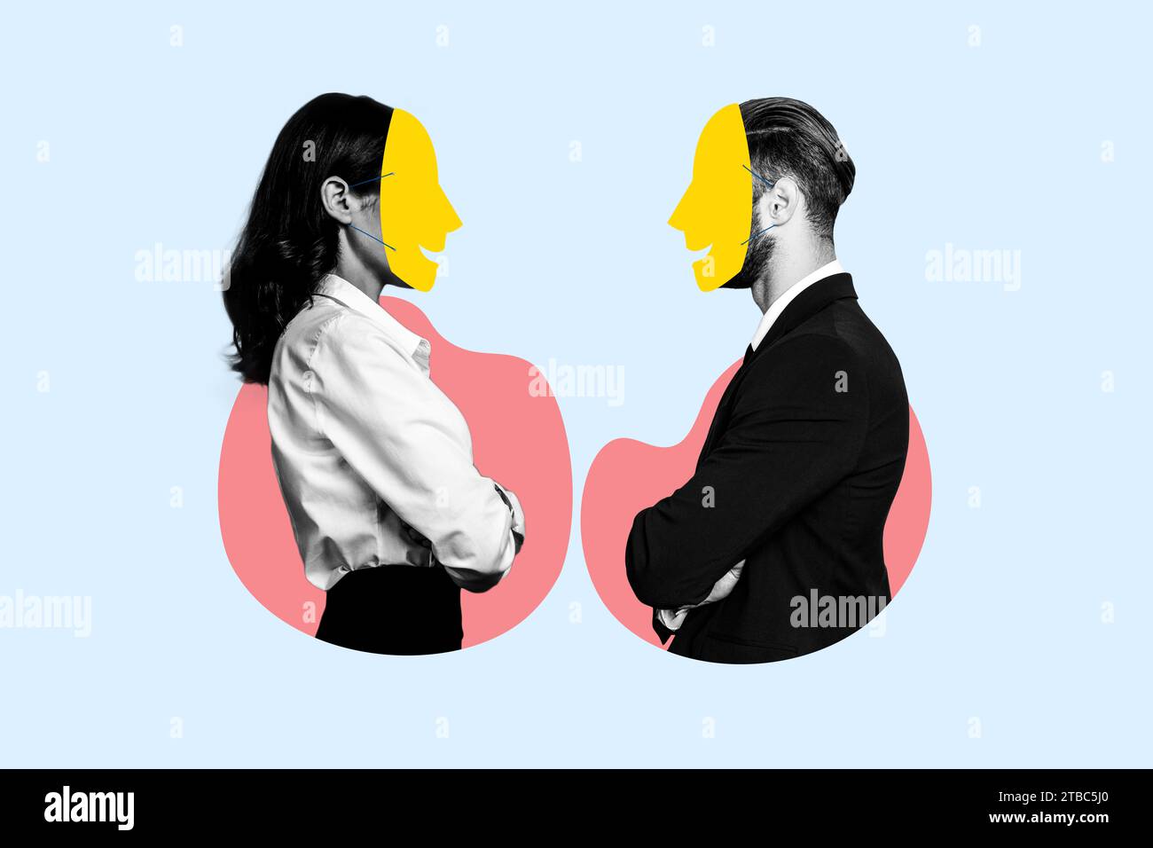 Poster collage picture of confident successful people fake faces and ...