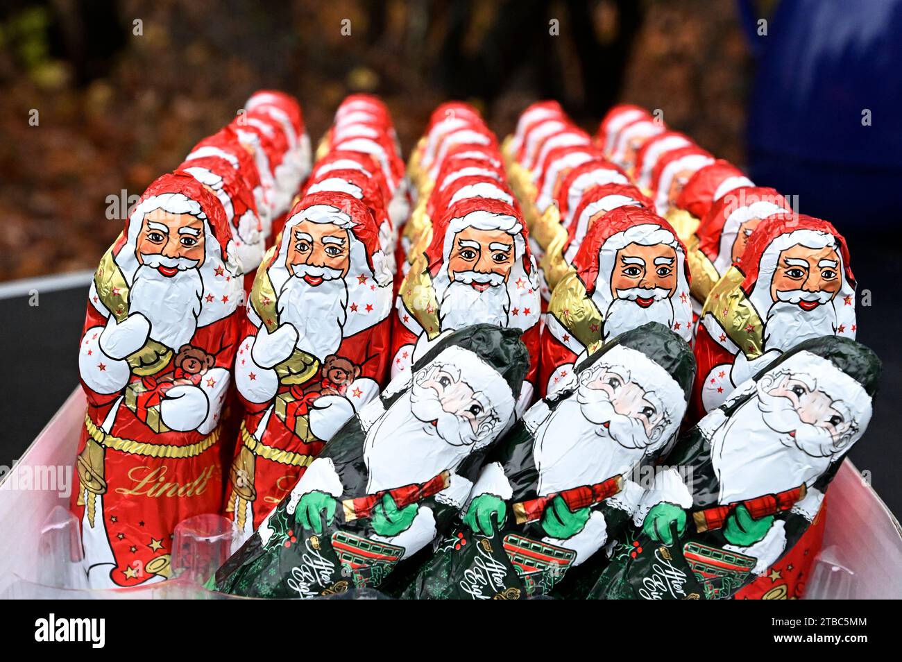 Neuss, Germany. 06th Dec, 2023. Chocolate Santa Clauses are lined up ...