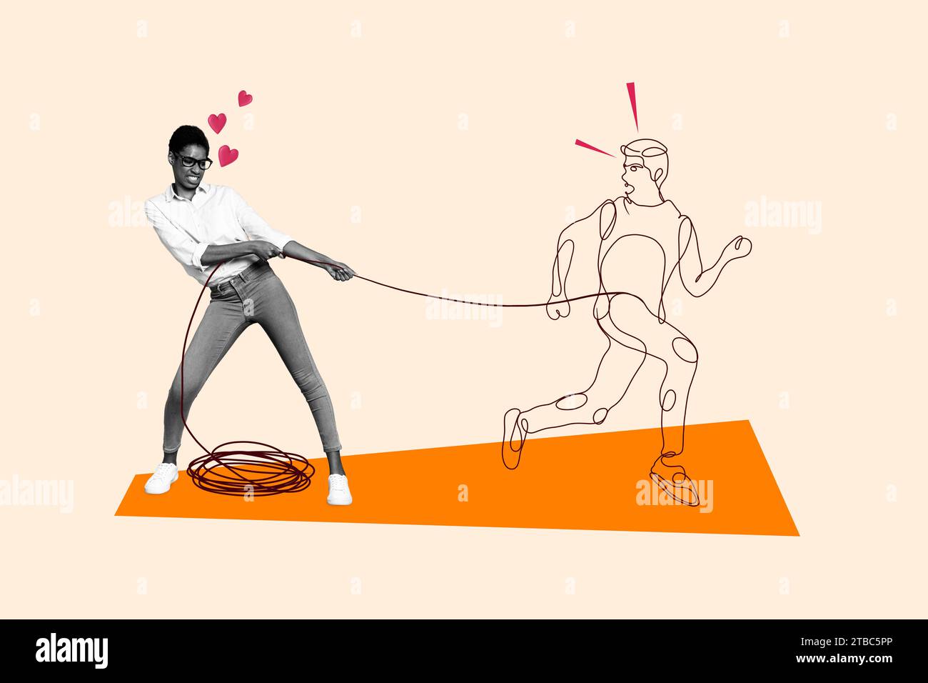 Collage image of strong woman hold rope man in trap relationship ...
