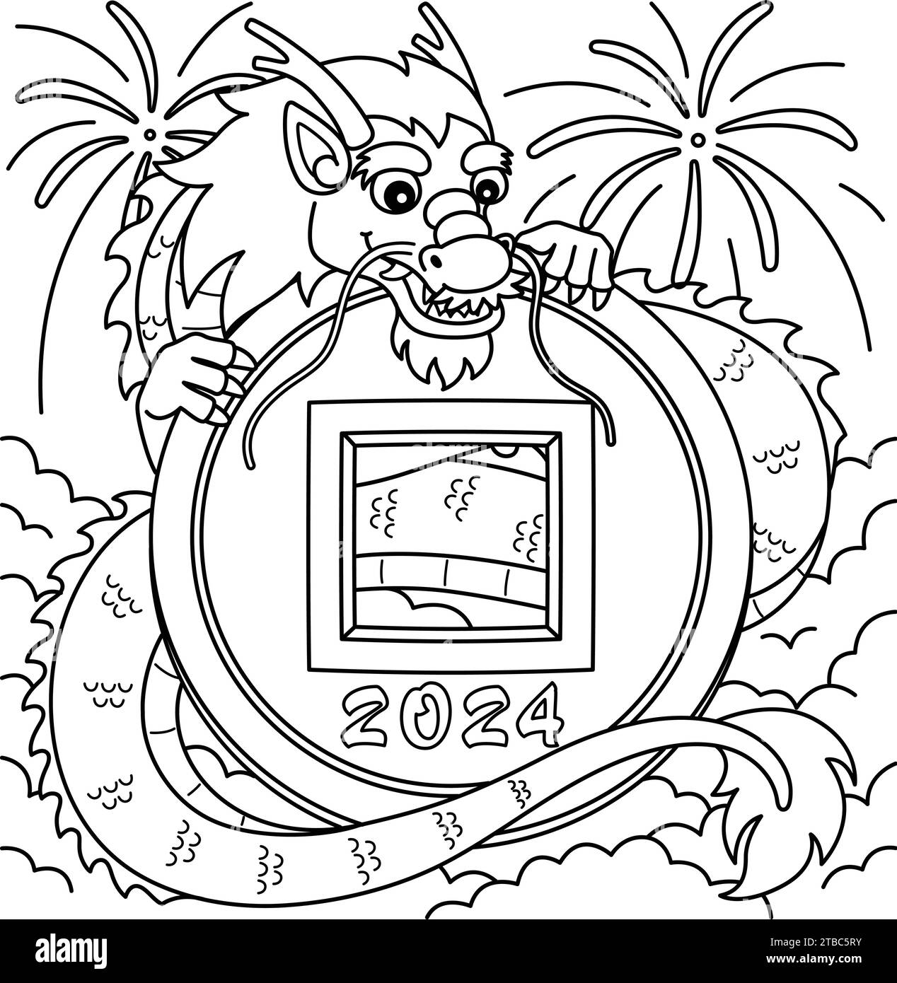 Year of the Dragon with 2024 Coin Coloring Page Stock Vector Image ...