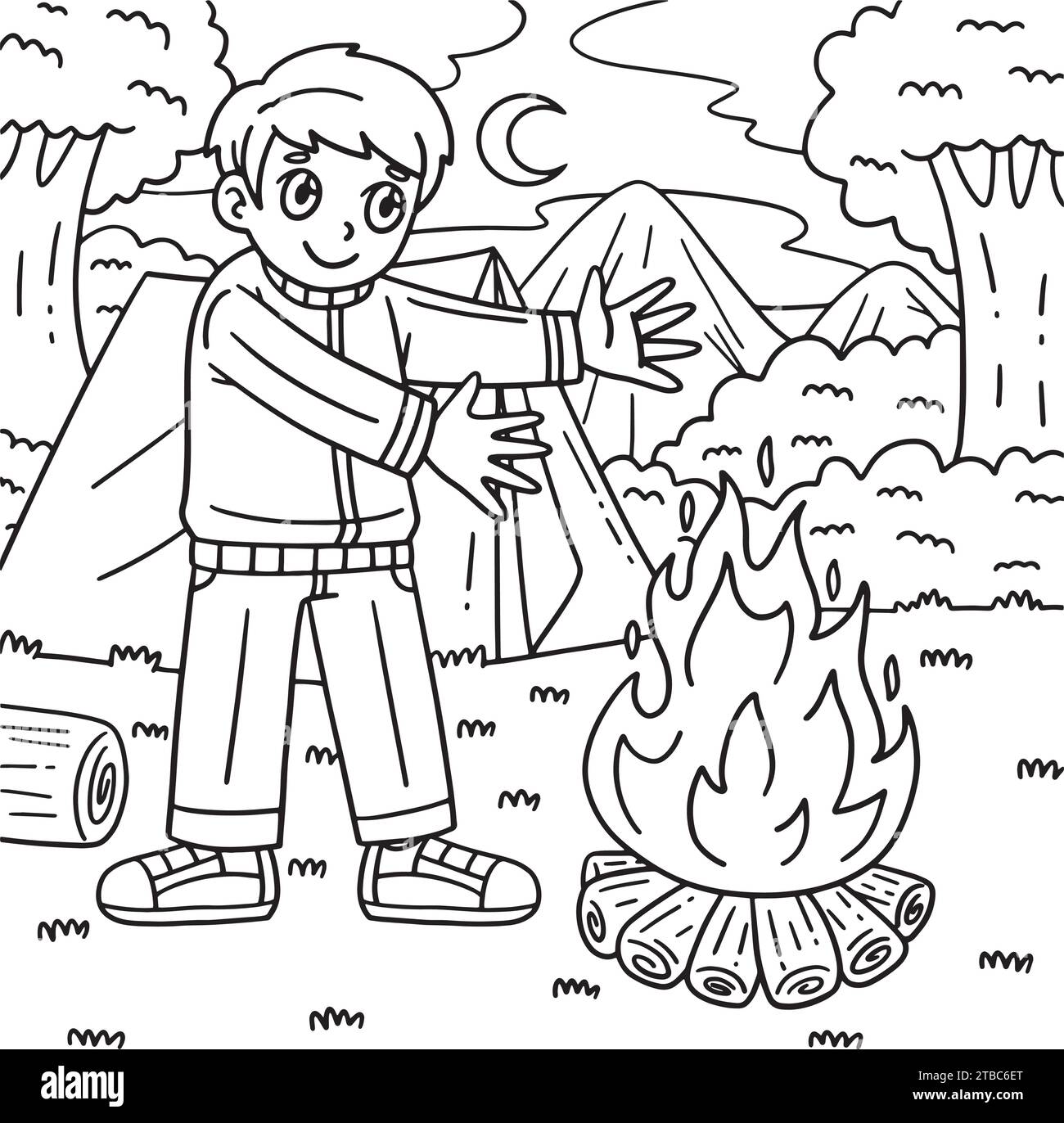 Camping Camper Warming Hands by the Fire Coloring Stock Vector Image ...