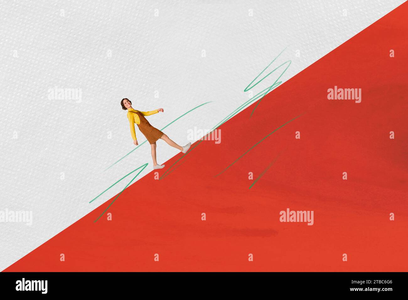 Composite collage picture image of young female going up hill slope red ...