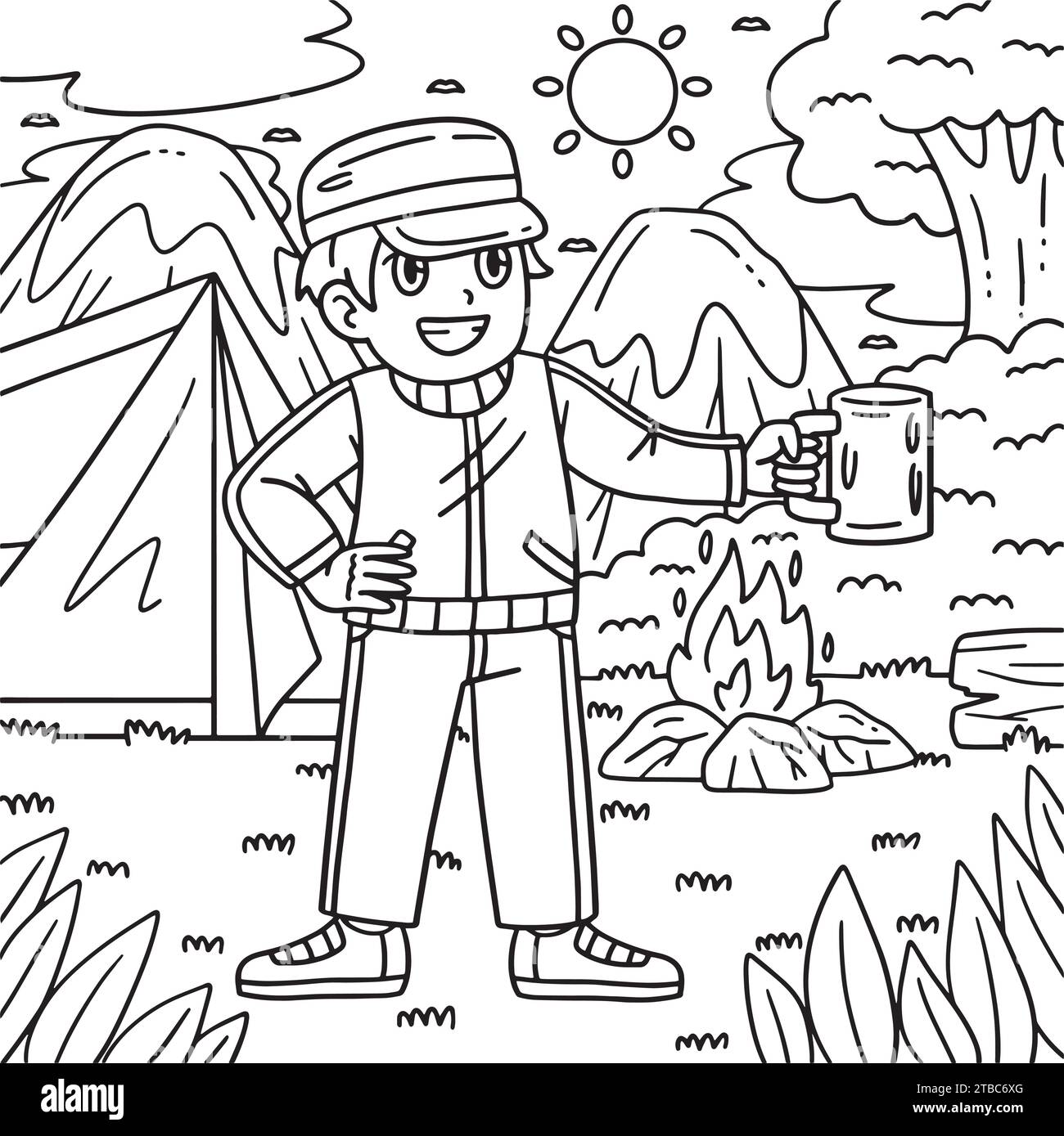 Camping Camper with Morning Coffee Coloring Page Stock Vector Image ...