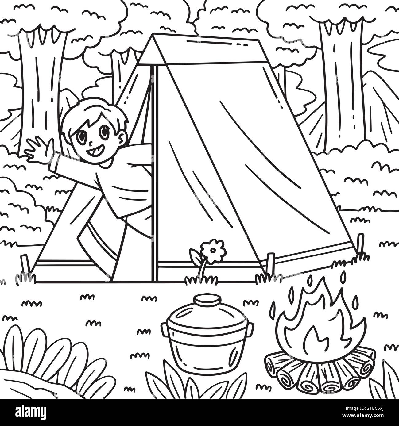 Camping Camper Waving from Inside Tent Coloring Stock Vector Image ...