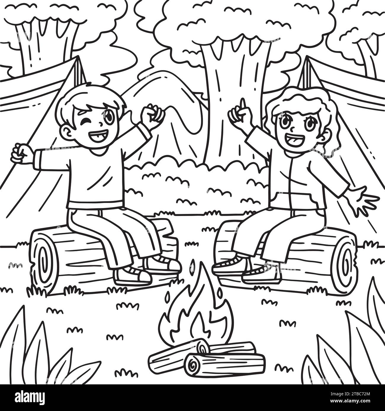Camping Campers Telling Stories Coloring Page Stock Vector Image & Art ...