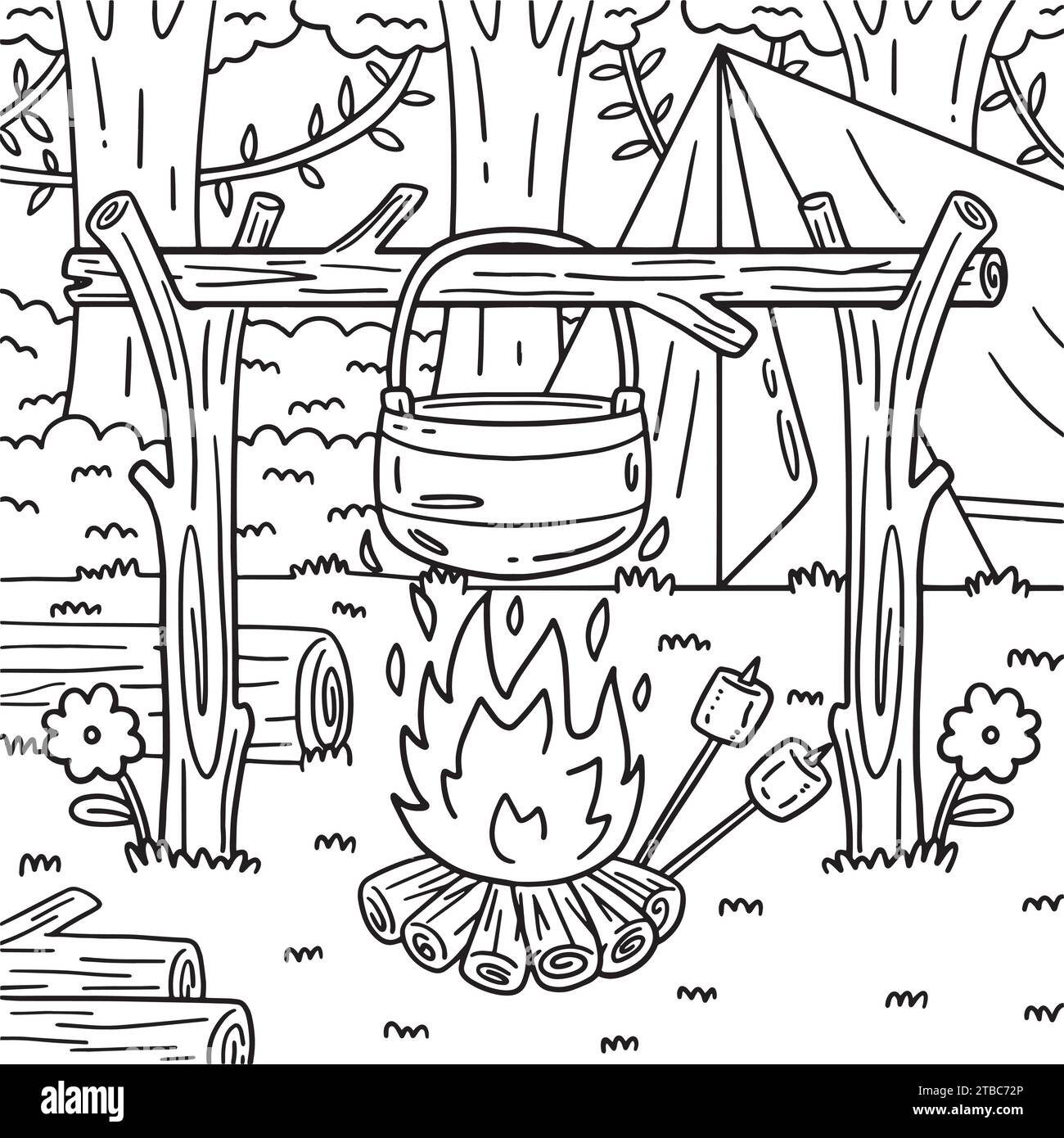 Camping Cooking Pot Over Bonfire Coloring Page Stock Vector Image & Art ...