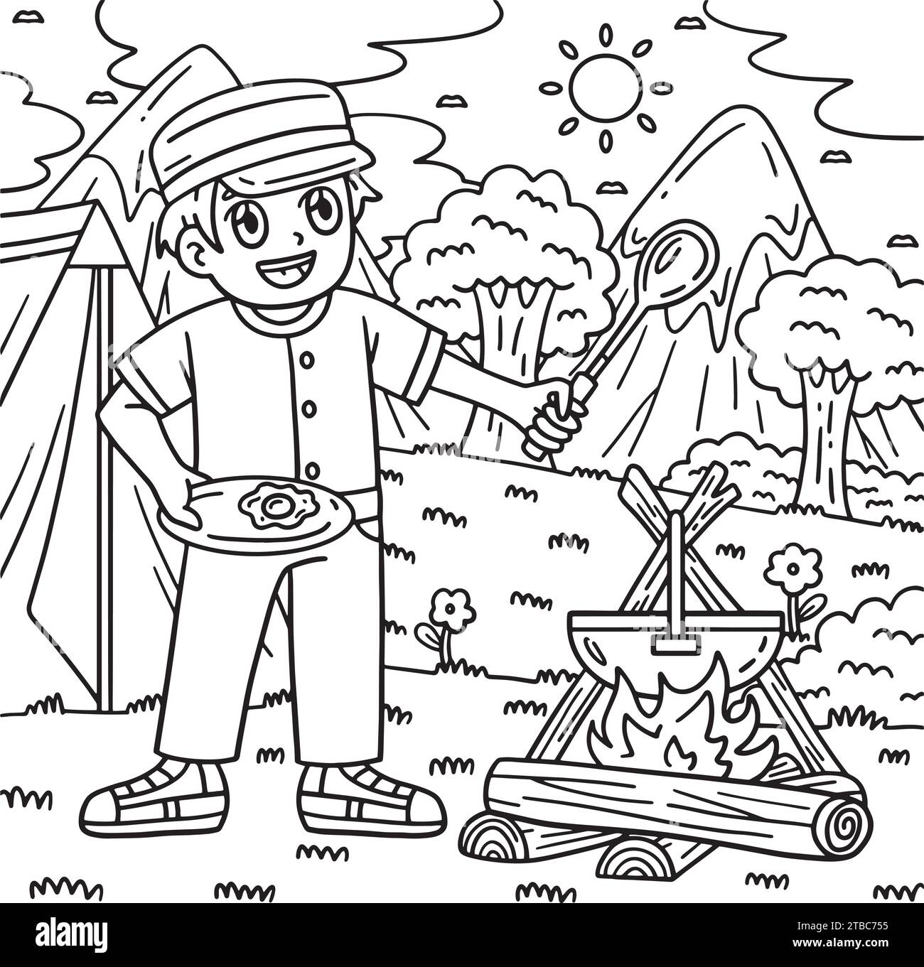 Camping Camper Boy Cooking Coloring Page for Kids Stock Vector Image ...