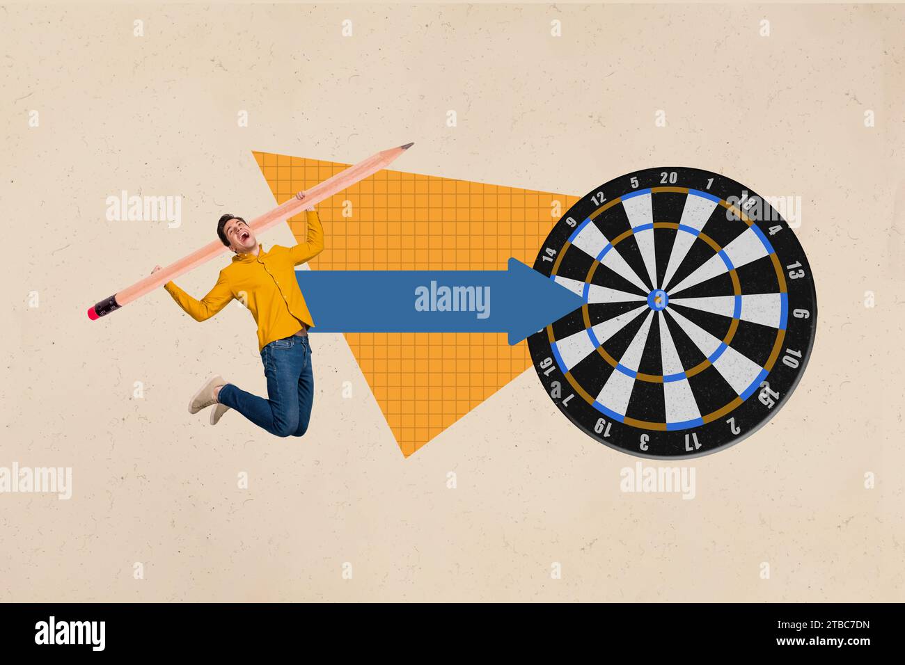 Creative poster collage of young man hold pencil point darts board ...