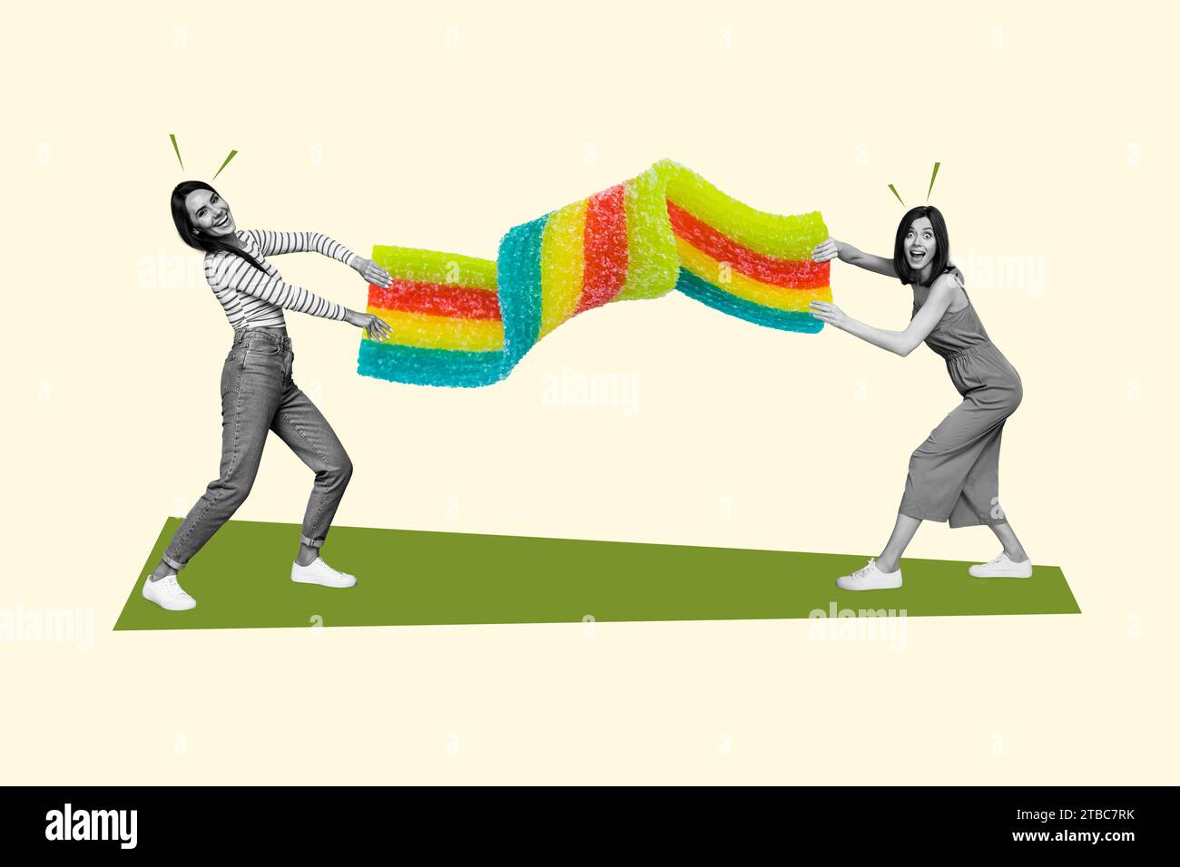 Creative collage image poster of two girls feel hungry pull yummy ...