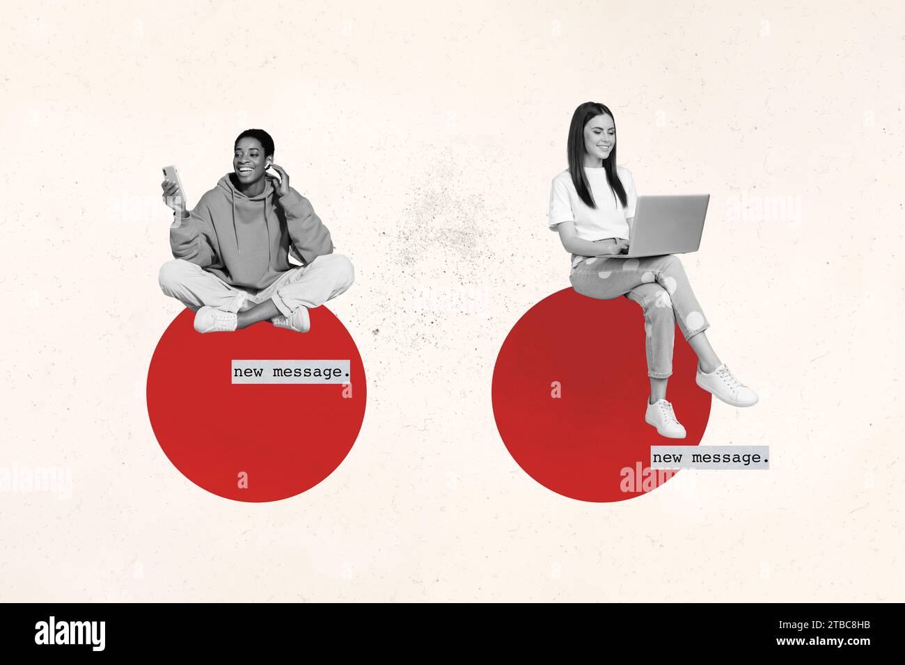 Creative poster collage of two friends colleagues communicate network ...