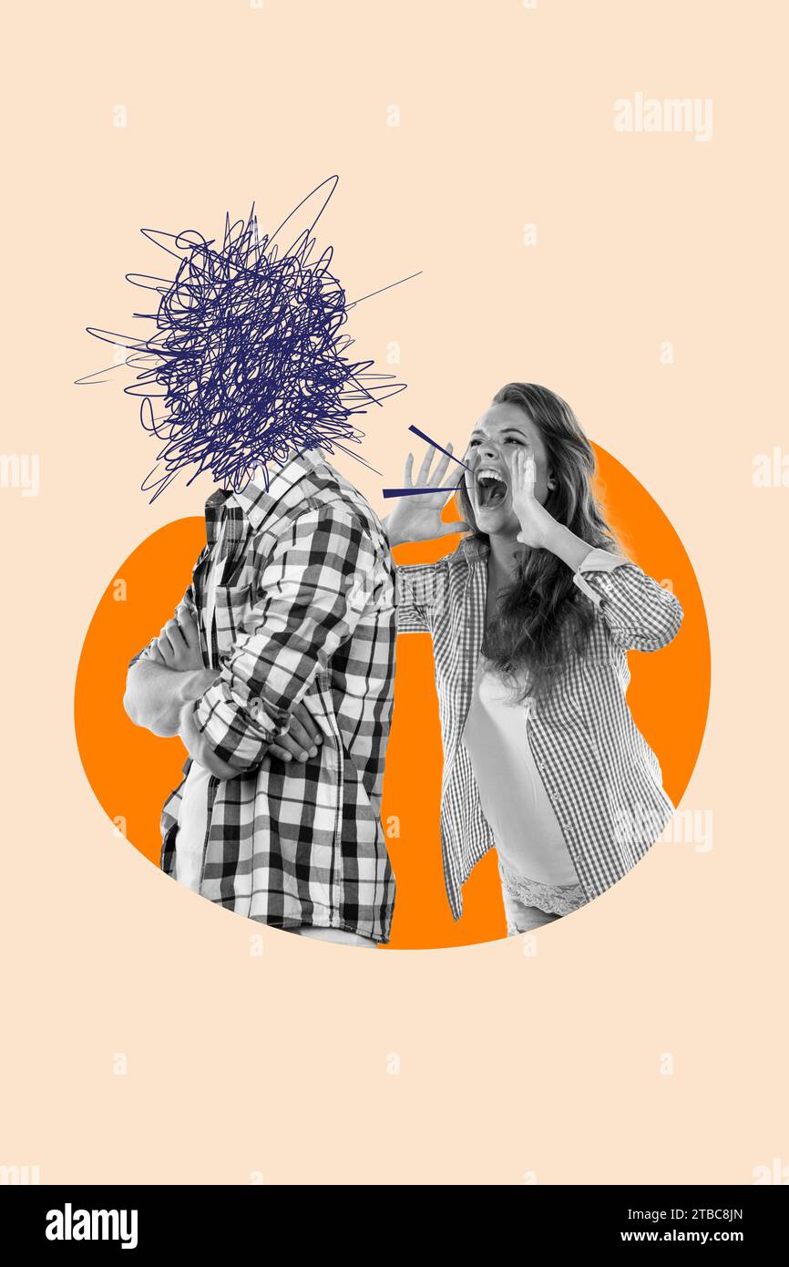 Picture collage poster of furious woman shouting her man ignore scream ...