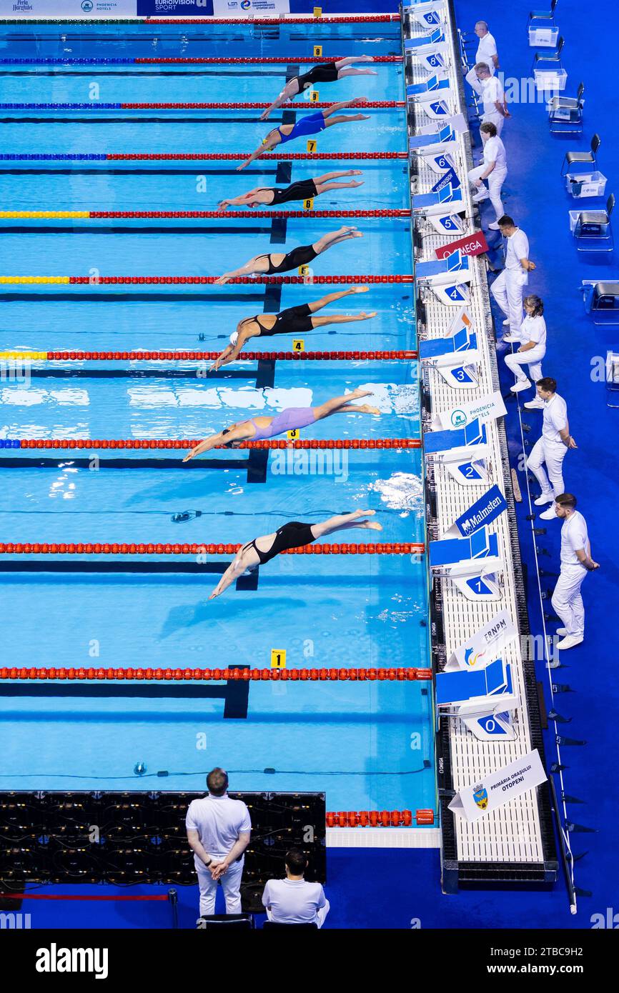 Swimmers dive during WomenÂ´s 200m Butterfly Heats at the LEN Short ...