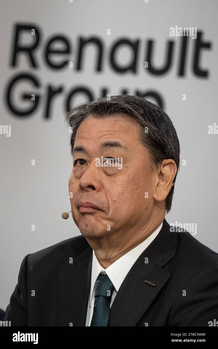 Paris, France. 06th Dec, 2023. Nissan President and CEO Makoto Uchida attends a press conference ...