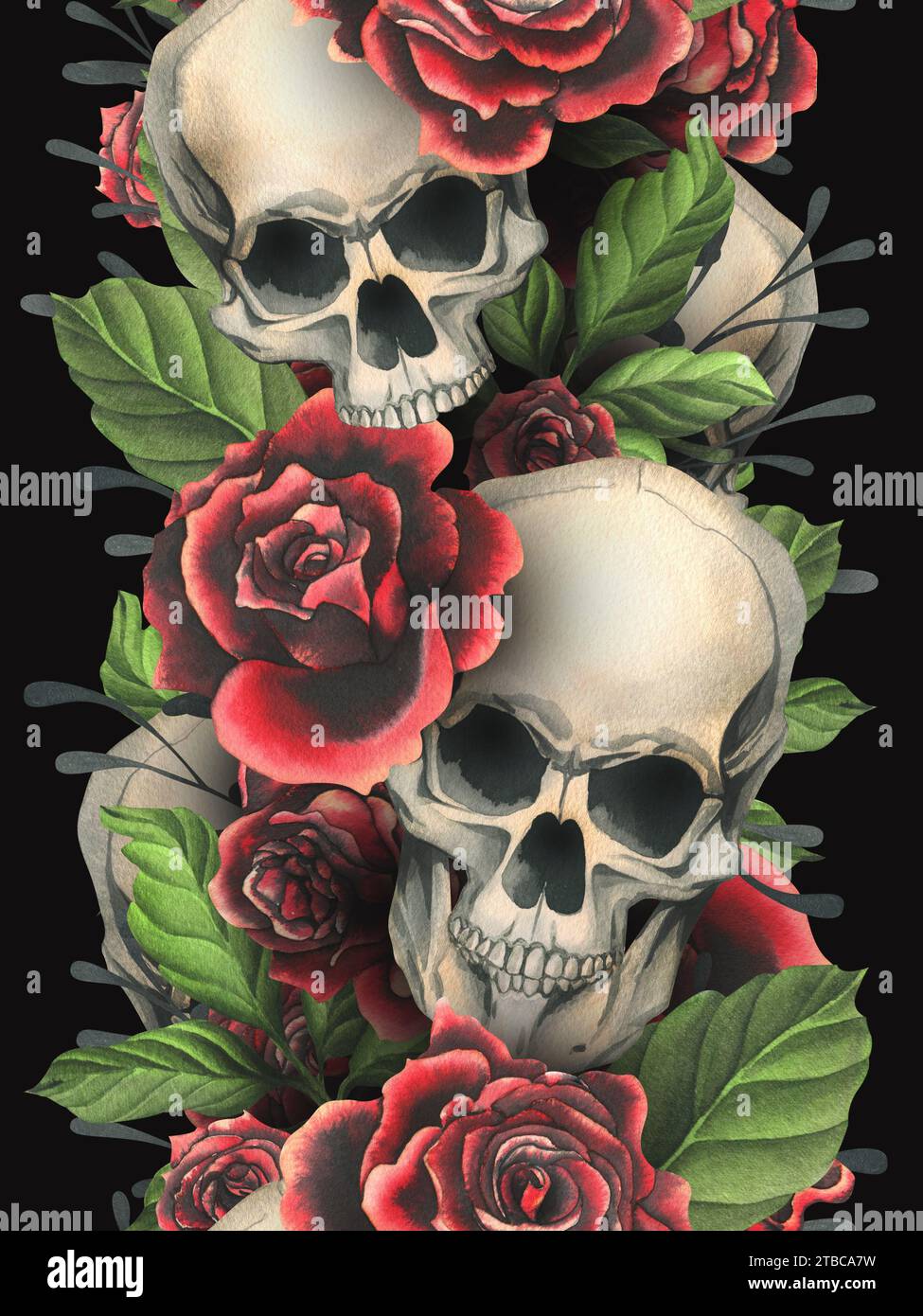 Human skulls realistic with black and red roses, green leaves and black ...
