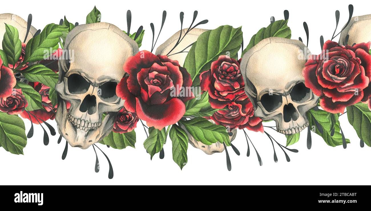 Human skulls realistic with black and red roses, green leaves and black ...
