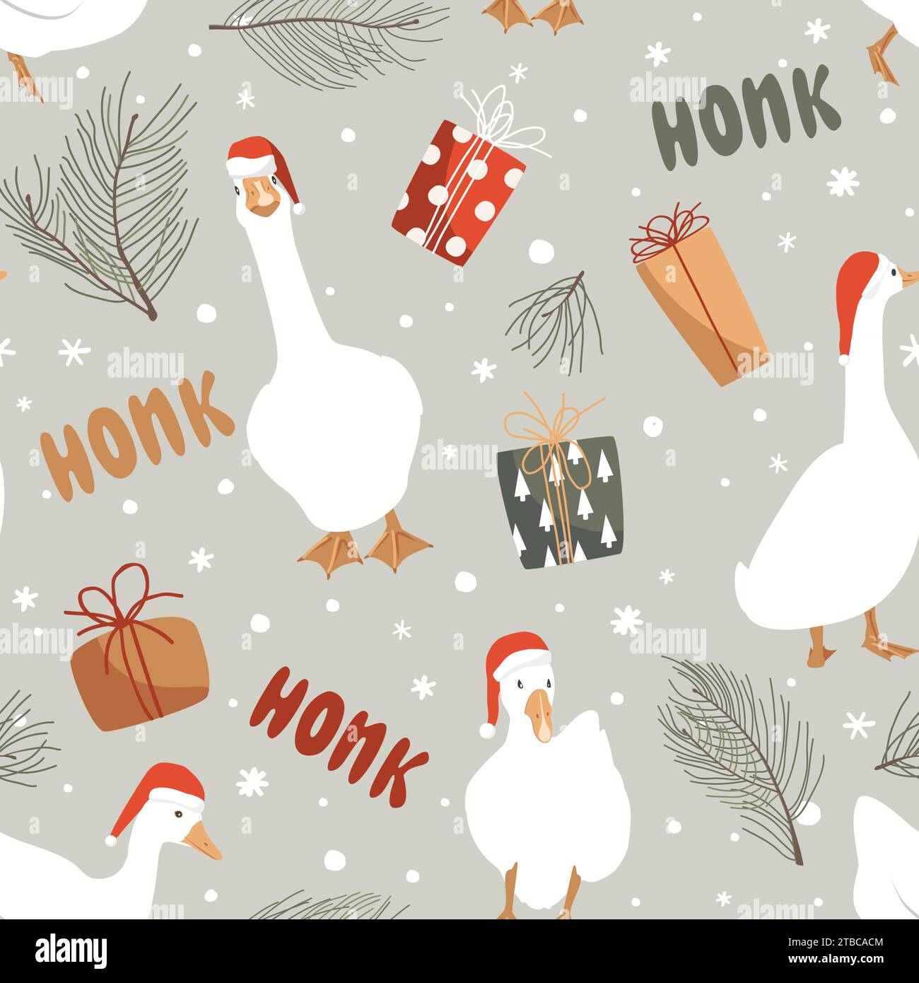 White geese in Santa Claus helper hats, gift boxes, and honk-honk-honk ...