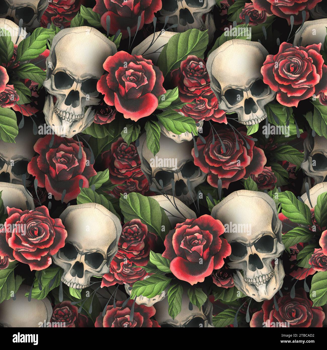 Human skulls realistic with black and red roses, green leaves and black ...