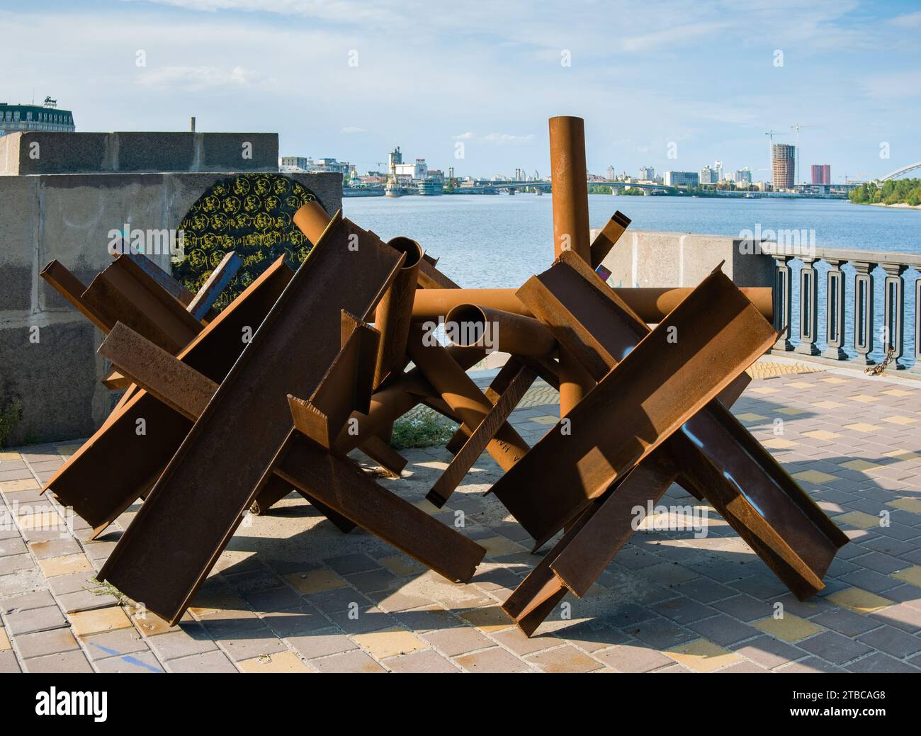 Kyiv, Ukraine -August 27, 2023: Anti-tank barriers (Czech hedgehogs) on ...